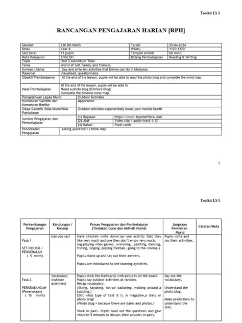 Tool Kit LS 1 Template RPH CSY | PDF | Cognition | Behavior Modification