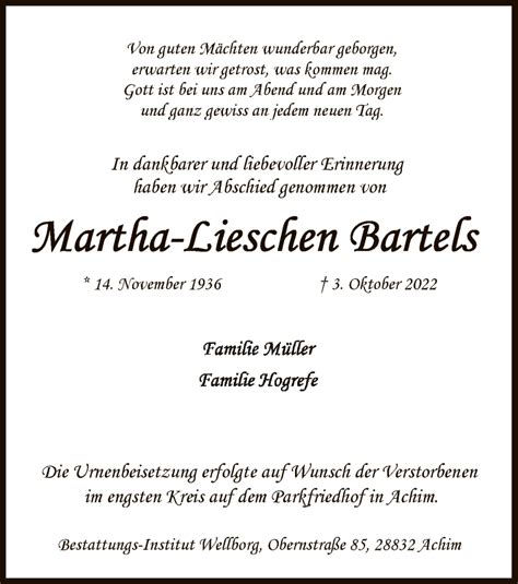 Traueranzeigen Von Irene Martha Lieschen Bartels Trauerkreiszeitungde