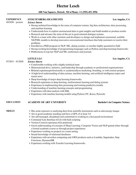 Science Intern Resume Samples Velvet Jobs