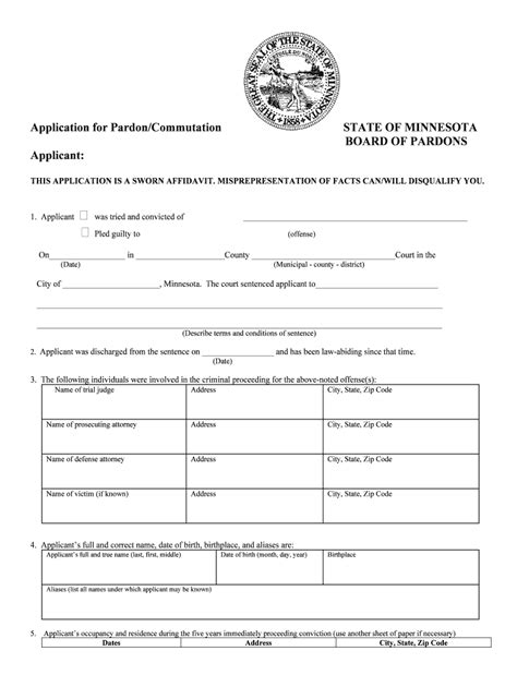 Application For Pardon Extraordinary State Of Minnesota Form Fill Out