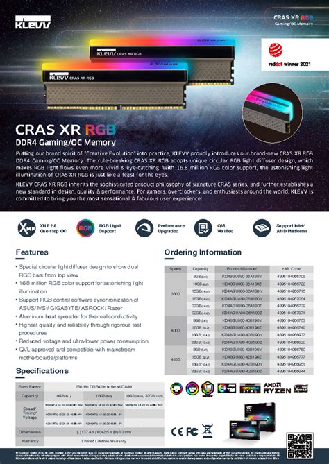 Klevv Product Sheet Memory CRAS XR RGB V EN Gaming OC Memory CRAS XR Putting Our Brand Spirit