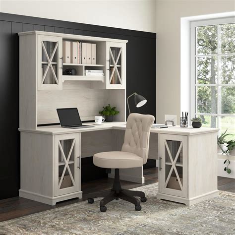 Bush Furniture Lennox Farmhouse L Shaped Desk With Hutch