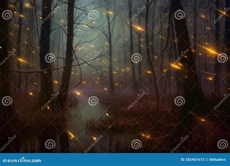 Glowing Fireflies Above A Misty Swamp At Dusk Stock Illustration