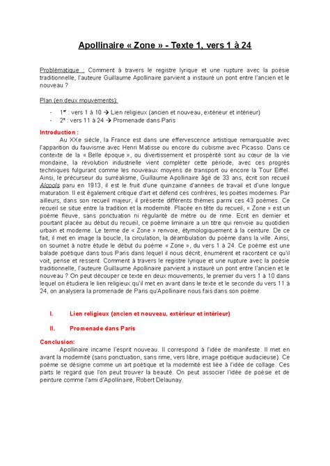 Apollinaire Zone Texte 1 Vers 1 à 24 Apollinaire Zone