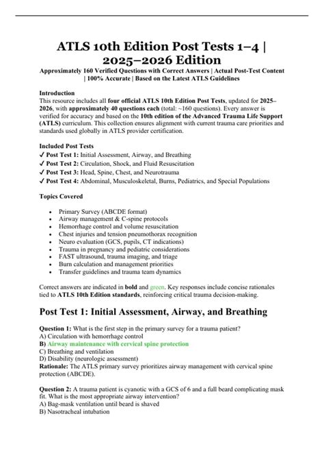 Atls 10th Edition Post Tests 1 4 2025 2026 Edition ~160 Verified Questions With Correct