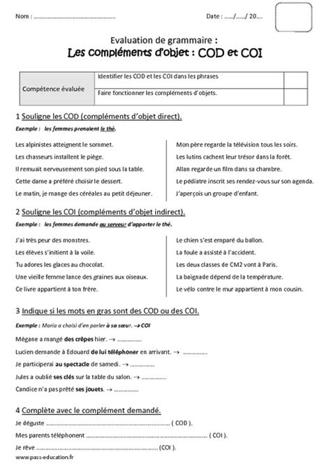 Complément Dobjet Cod Coi Cm2 Bilan Pass Education