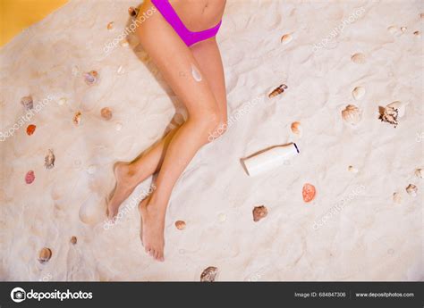 Top View Cropped Photo Lady Tourist Lying Sand Sunbathing Applying