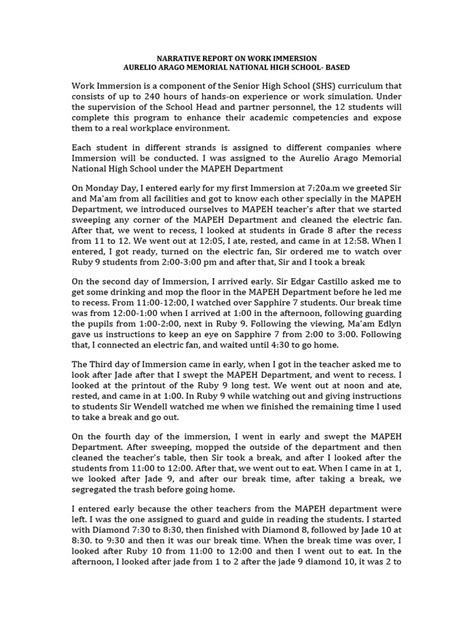 Narrative Report On Work Immersion Pdf