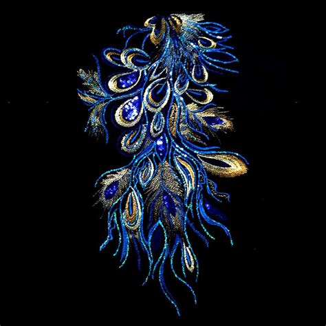 Blue Embroidered Sequins Peacock Shape Cloth Feather Patch
