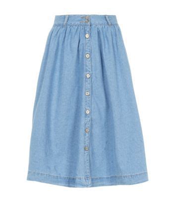 Light Blue Button Front Denim Midi Skirt Light Wash Cotton Denim