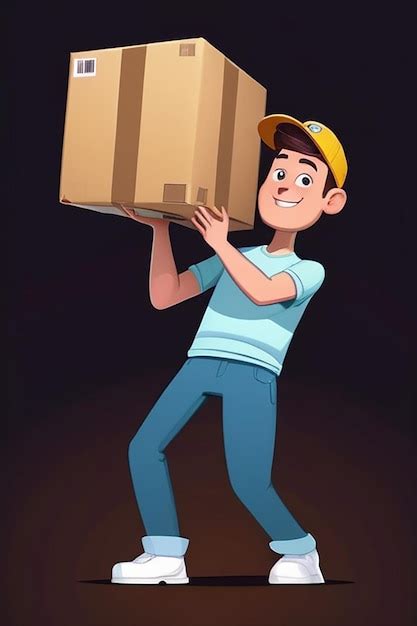 Young Man Carrying Big Box Over Head Guy Loader Going With Cardboard In Hands Person Holding