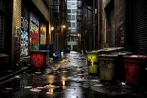 Premium Photo Rain Soaked City Alley With Trash Cans And Graffiti