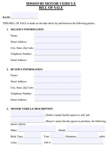 Free Missouri Car Bill Of Sale Form Word Pdf Excel Tmp