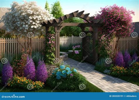 Tasteful Garden With Wooden Arbor And Trellises Surrounded By