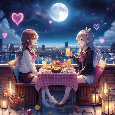 Two Cute Anime Girls Having A Snacking Time Together In A Moon Night