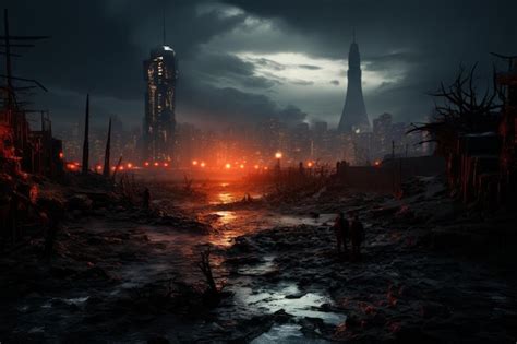Premium Photo Apocalyptic Landscape Dark Clouds Fire In The Sky City