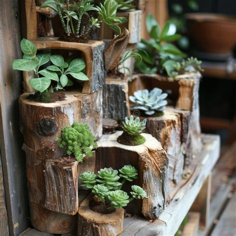 Rustic Log Planters With Succulents Stock Image Image Of Foliage