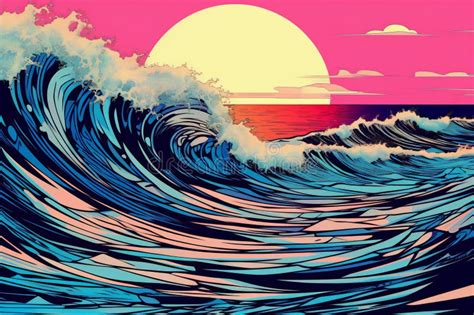 Sea Wave At Sunset Illustration Of Ocean Waves At Sunset Stock Illustration Illustration Of