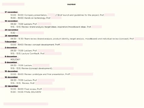 Course Calendar And Organization Including Lectures Exercises And