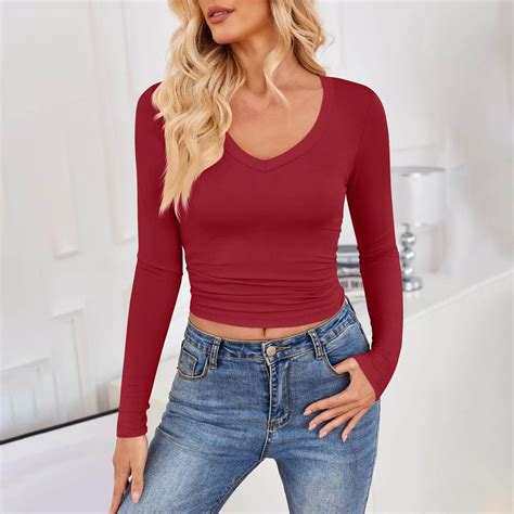 Base Layer For Women Trendy V Neck Tee Casual Long Sleeve Crop Tops