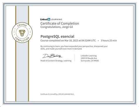 Certificate Of Completion Postgresql Esencial 😁 Jorge Alfredo Gil Macias