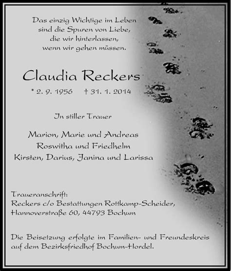 Traueranzeigen Von Claudia Reckers Trauer In Nrw De