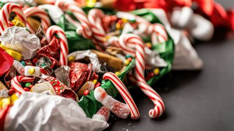 Overflowing Pile Of Broken Candy Canes And Wrappers On Dark Surface Generative Ai Stock