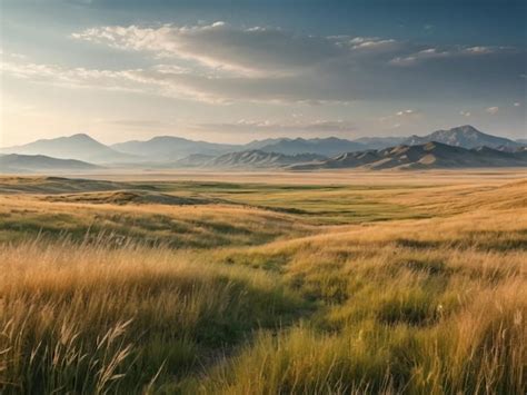 A Field Of Grass With Mountains In The Background Premium Ai