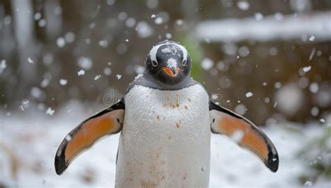 Penguin With Open Wings In Falling Snow Stock Image Image Of Penguin