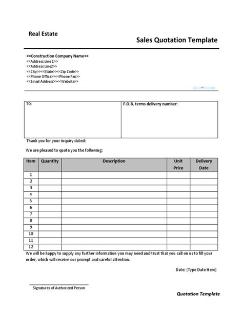Real Estate Sales Quotation Template 43479 Pdf