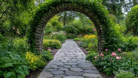 Serene Garden Pathway Through Stone Archway Adorned With Lush Greenery
