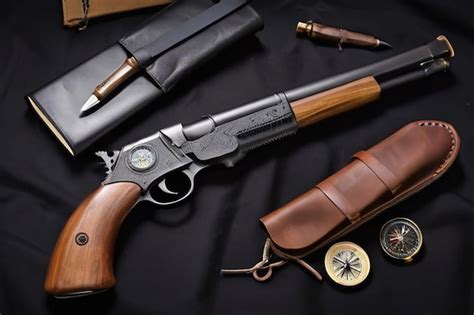 Premium Photo Rifle Gun Knife With Sheath Compass And Notebook With