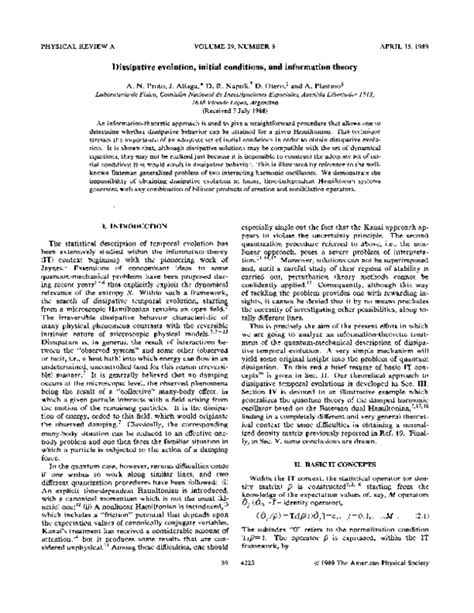Pdf Dissipative Evolution Initial Conditions And Information Theory