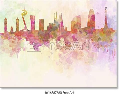 Barcelona Skyline In Watercolour Background Artwork Art Print From