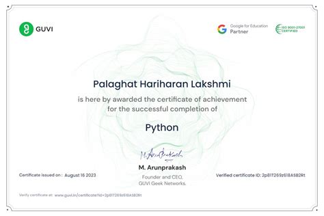 Palaghat Hariharan Lakshmi On Linkedin Guvi Certified For Python