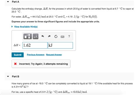 Solved Part A Calculate The Enthalpy Change A For The Chegg