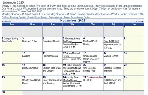 Swanys November Lunch And Wednesday Night Specials Facebook