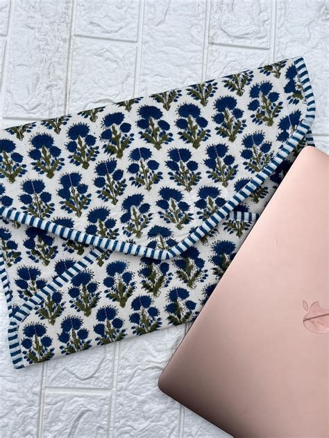 Hand Block Printed Quilted Laptop Sleeve Blue Floral Cotton Macbook