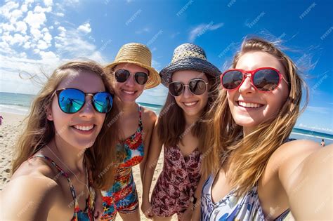 Premium Ai Image Four Girls On A Beach Wearing Sunglasses And Smiling