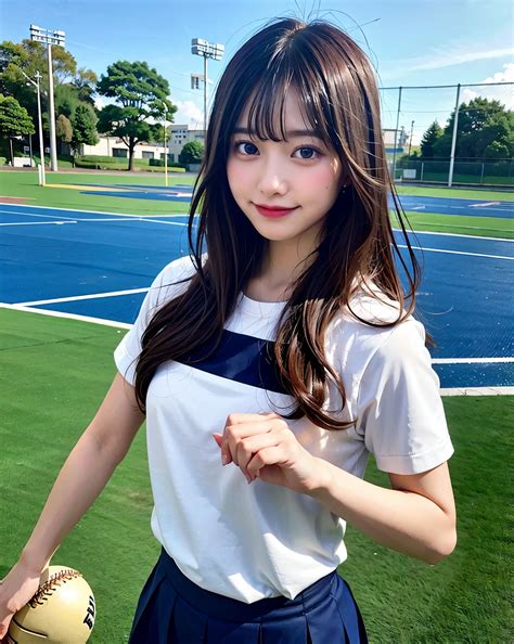 Arafed Asian Girl In A Uniform Holding A Baseball And A Ball Seaart Ai