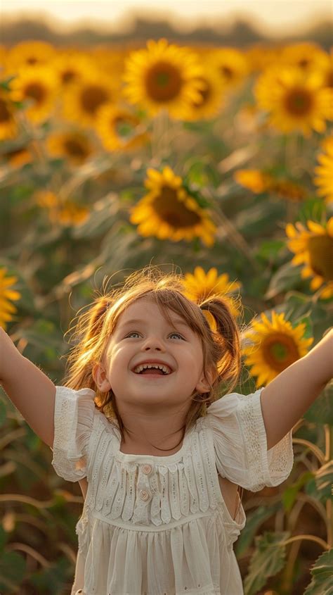 Free Joyful Sunflower Fields Image Girl Sunflowers Happiness