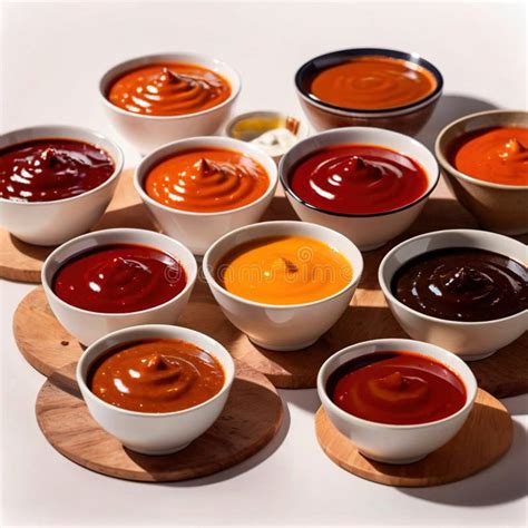 Various Assorted Sauces And Condiments In Bowls Cooking Ingredients