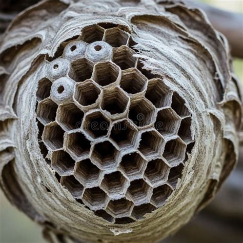 Close Up Of A Wasp Nest Displaying Its Hexagonal Comb Structure Stock