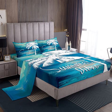 Hawaii Beach Bed Sheets Set Tropical Palm Tree King Sheet Set Blue