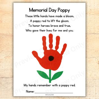 Memorial Day Poppy Handprint Poem Craft Preschool 1st 2nd Grade Bulletin Board