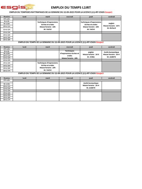 Emploi Du Temps L1 Irt Esgis 2025 Pdf