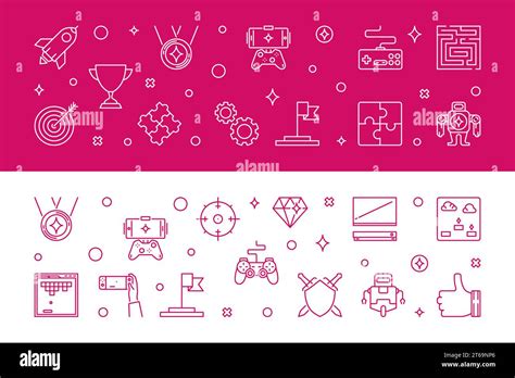 Games Banners Vector Game Concept Horizontal Illustration In Thin Line Style Stock Vector Image