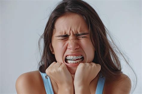 Girl With Braces Clenching Teeth In Jaw Pain Eyes Closed And Fists Clenched Premium AI