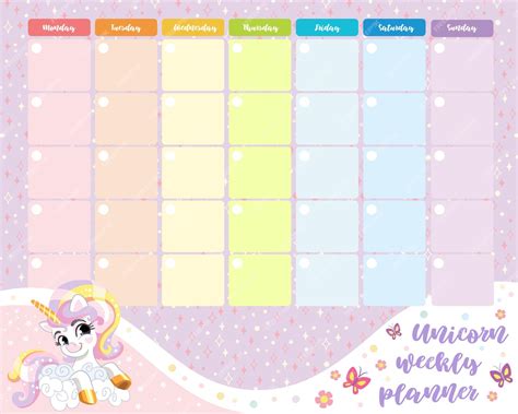 Premium Vector Timetable With Cute Cartoon Sweet Unicorn And Rainbow Girlish Weekly Planner