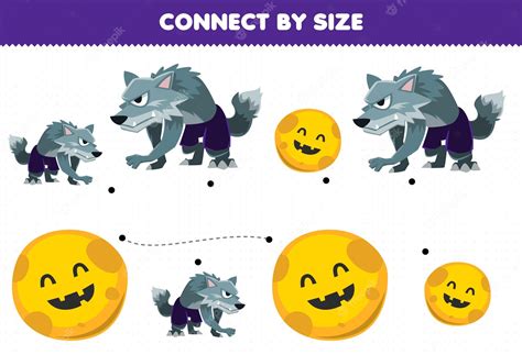 아이들을 위한 교육 게임은 귀여운 만화 달과 늑대 인간 할로윈 인쇄용 워크시트의 크기로 연결됩니다 프리미엄 벡터